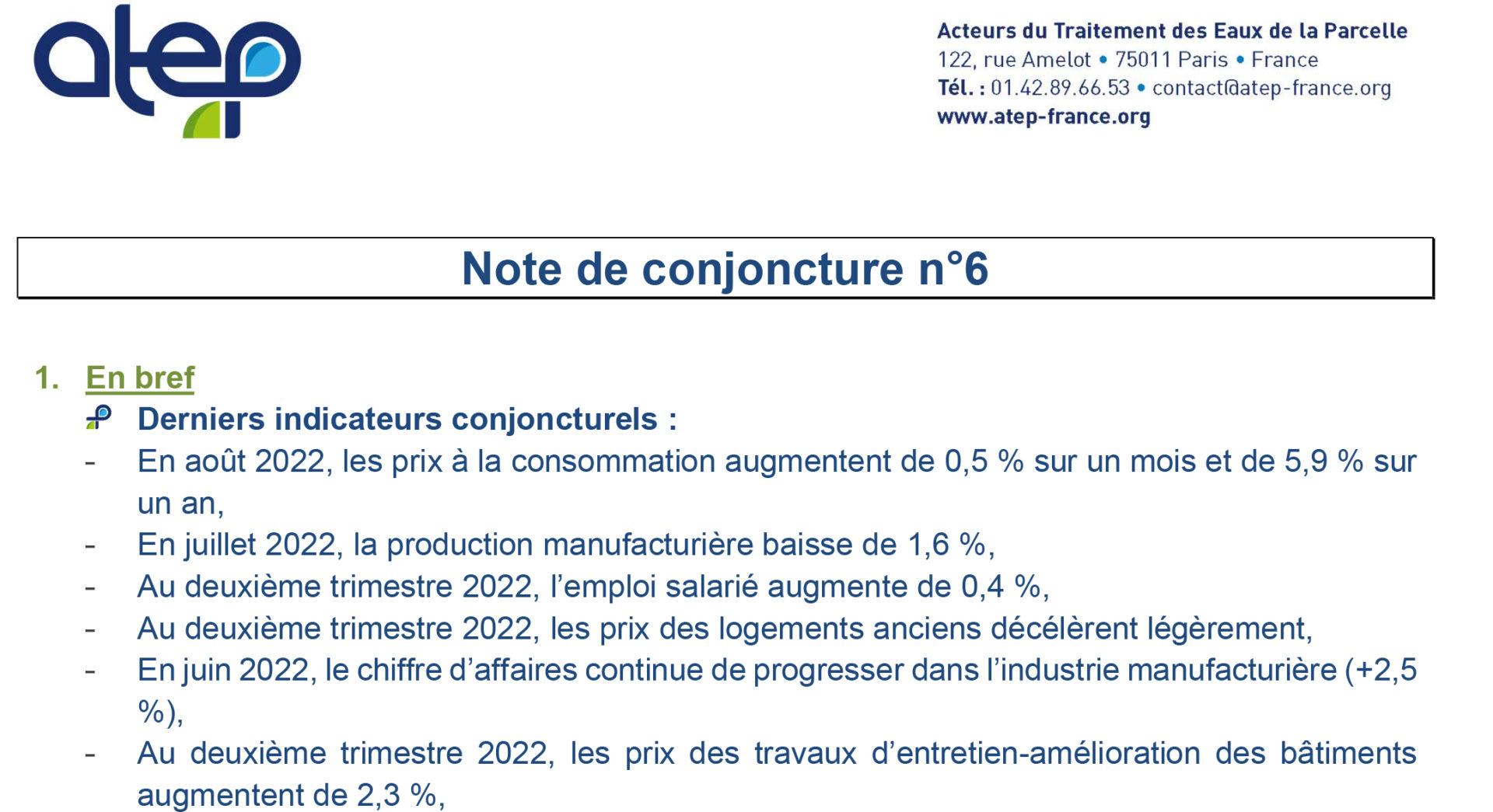 Note de conjoncture ATEP N°6 – Septembre 2022 – ATEP. Acteurs du Traitement des Eaux de la Parcelle