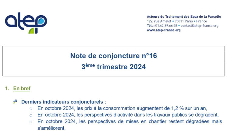 Note de conjoncture ATEP N°16 – 3ème trimestre 2024 – ATEP. Acteurs du Traitement des Eaux de la ...
